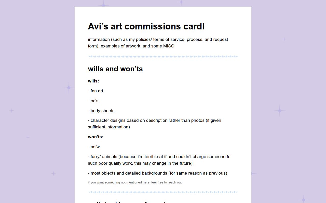Avi’s art commissions card!